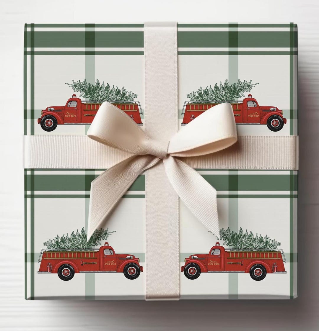 Firetruck Christmas Gift Wrap, Christmas Firehouse Gift, Plaid Wrapping ...