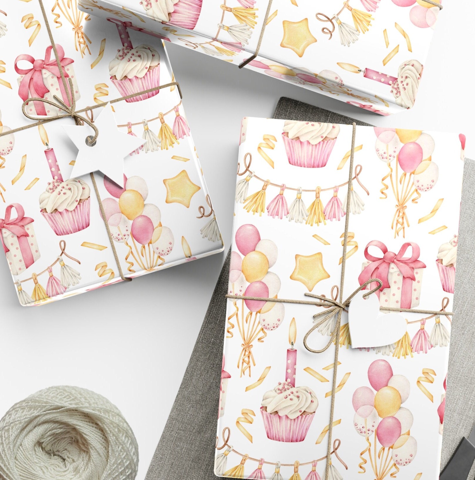 Happy Birthday Wrapping Paper, Pink Cake Birthday Gift Wrap, Wrapping ...