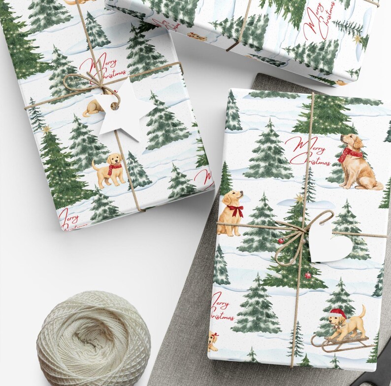 Snowy Golden Retriever Puppies Christmas Wrapping Paper, Retriever Dog ...