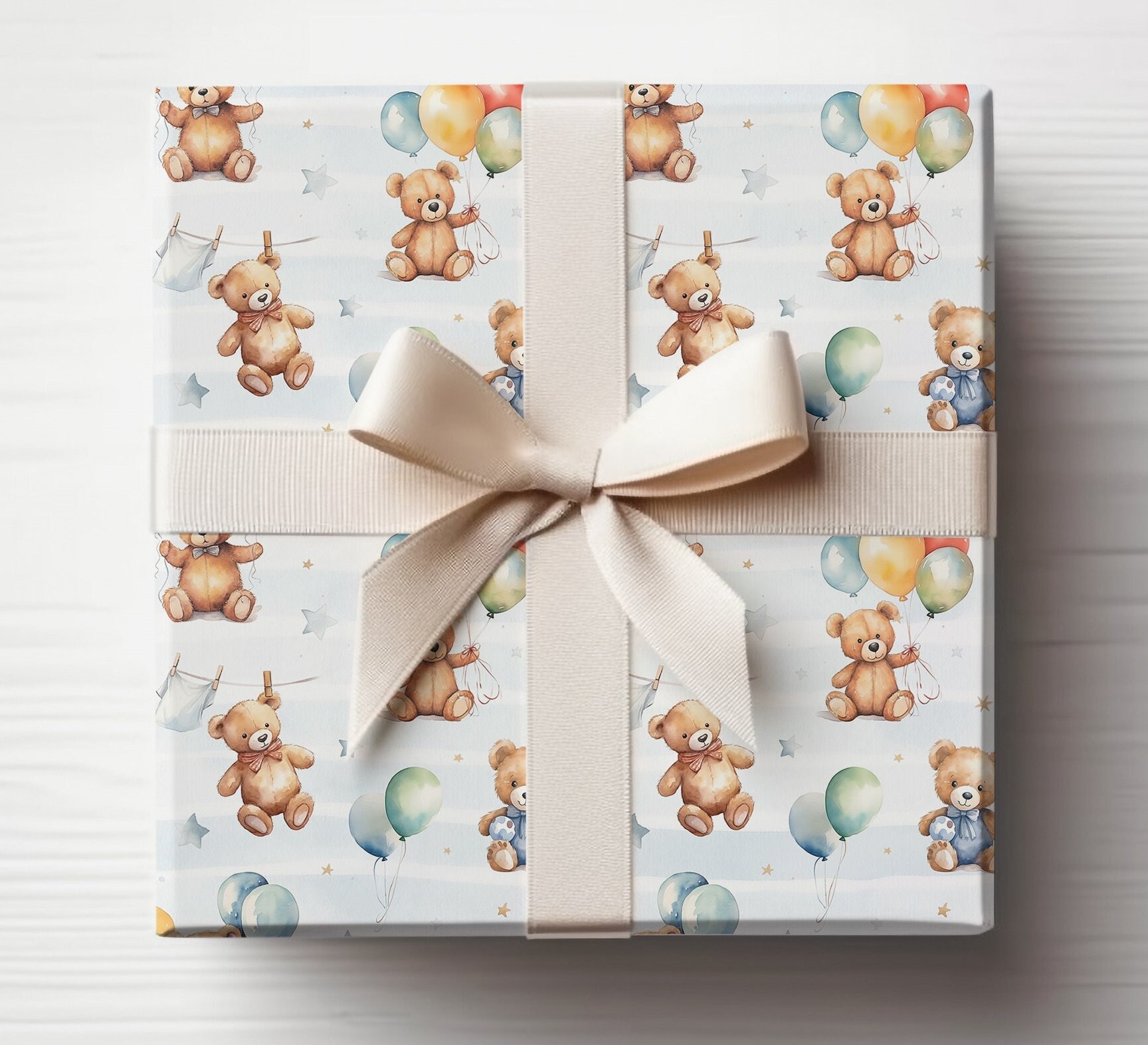 Teddy Bear Wrapping Paper, Baby Shower Gift Wrap, Baby Boy Birthday ...