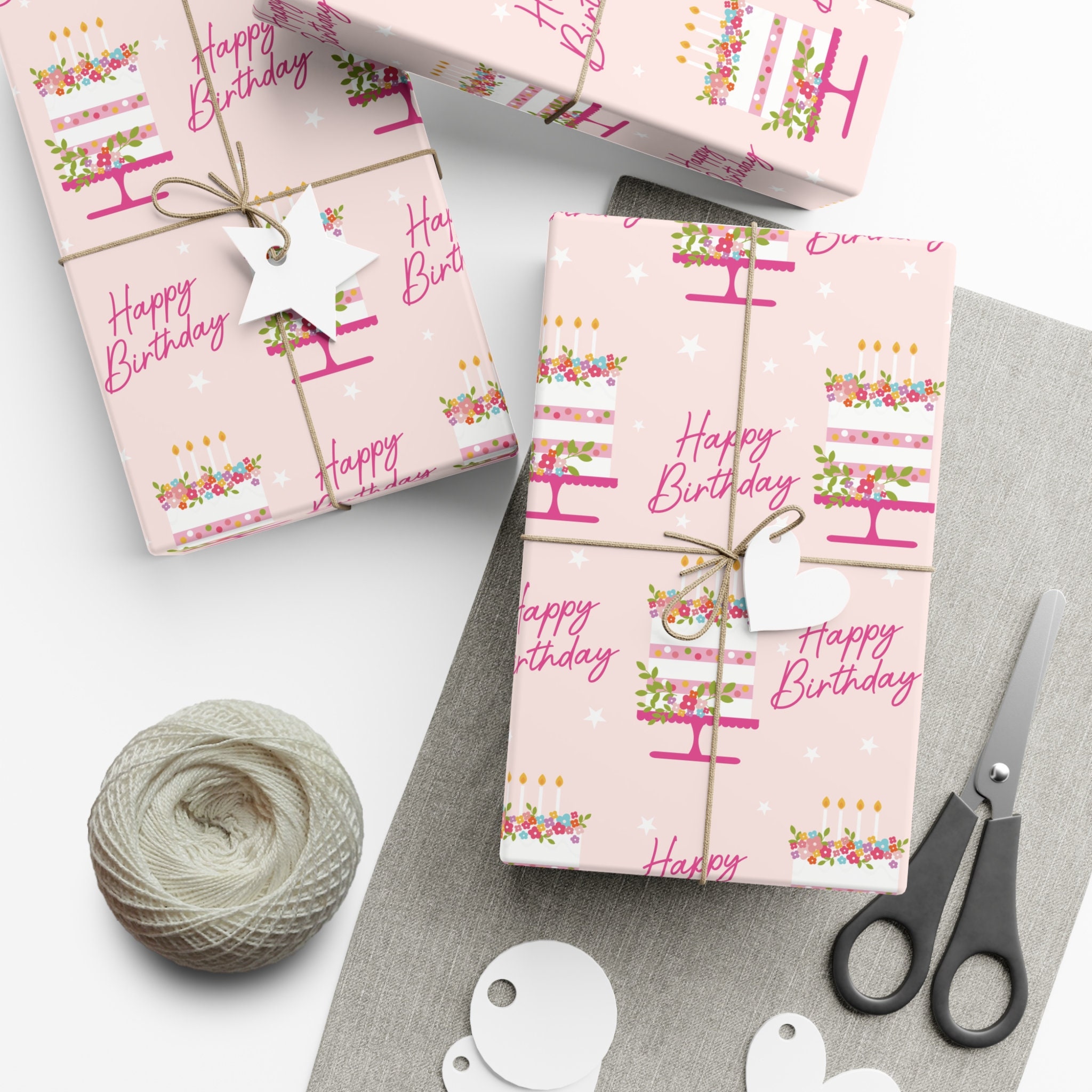 Happy Birthday Wrapping Paper, Pink Cake Birthday Gift Wrap, Wrapping ...