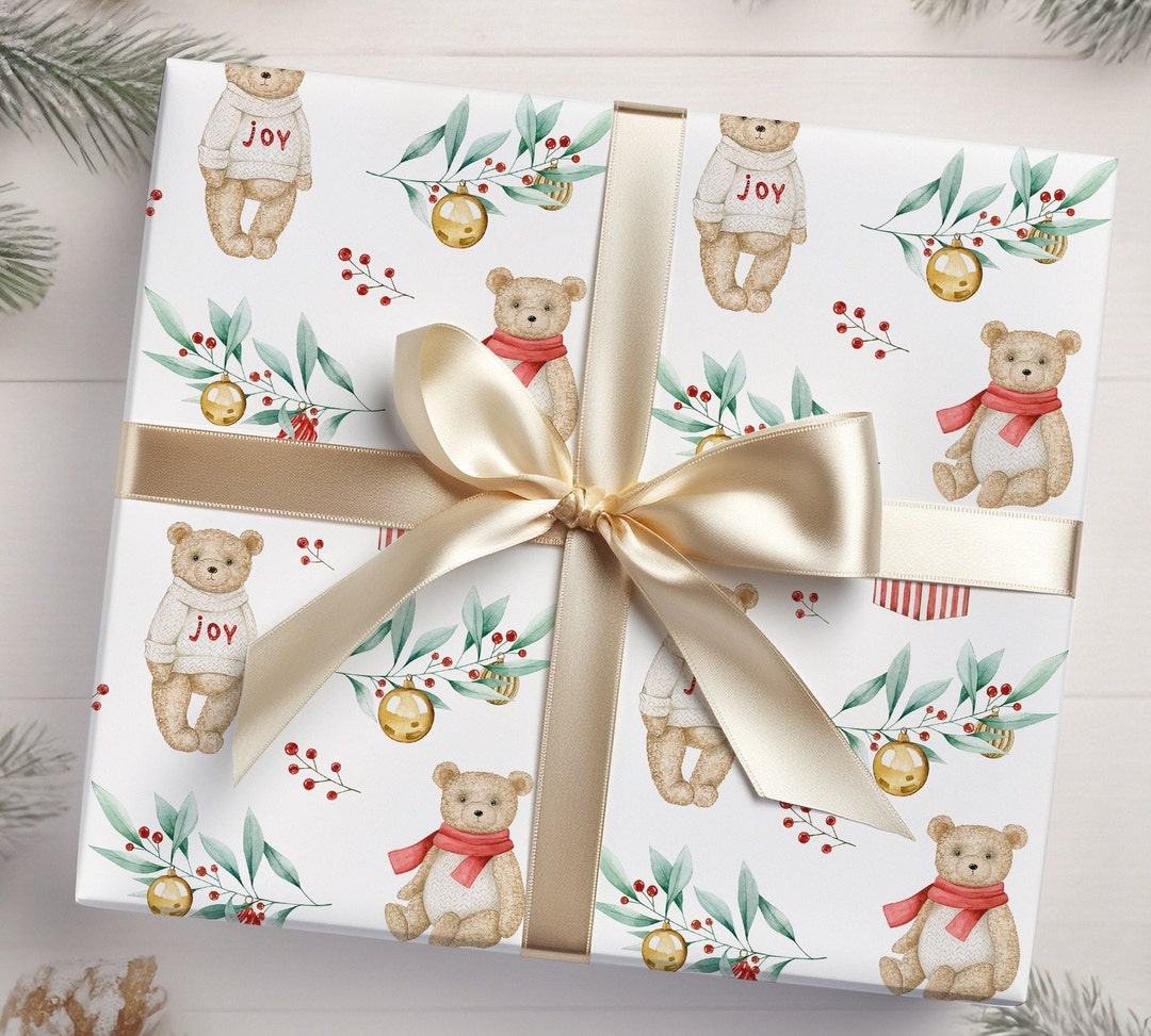 Vintage Teddy Bear Christmas Gift Wrap, Merry Christmas Wrapping Paper ...