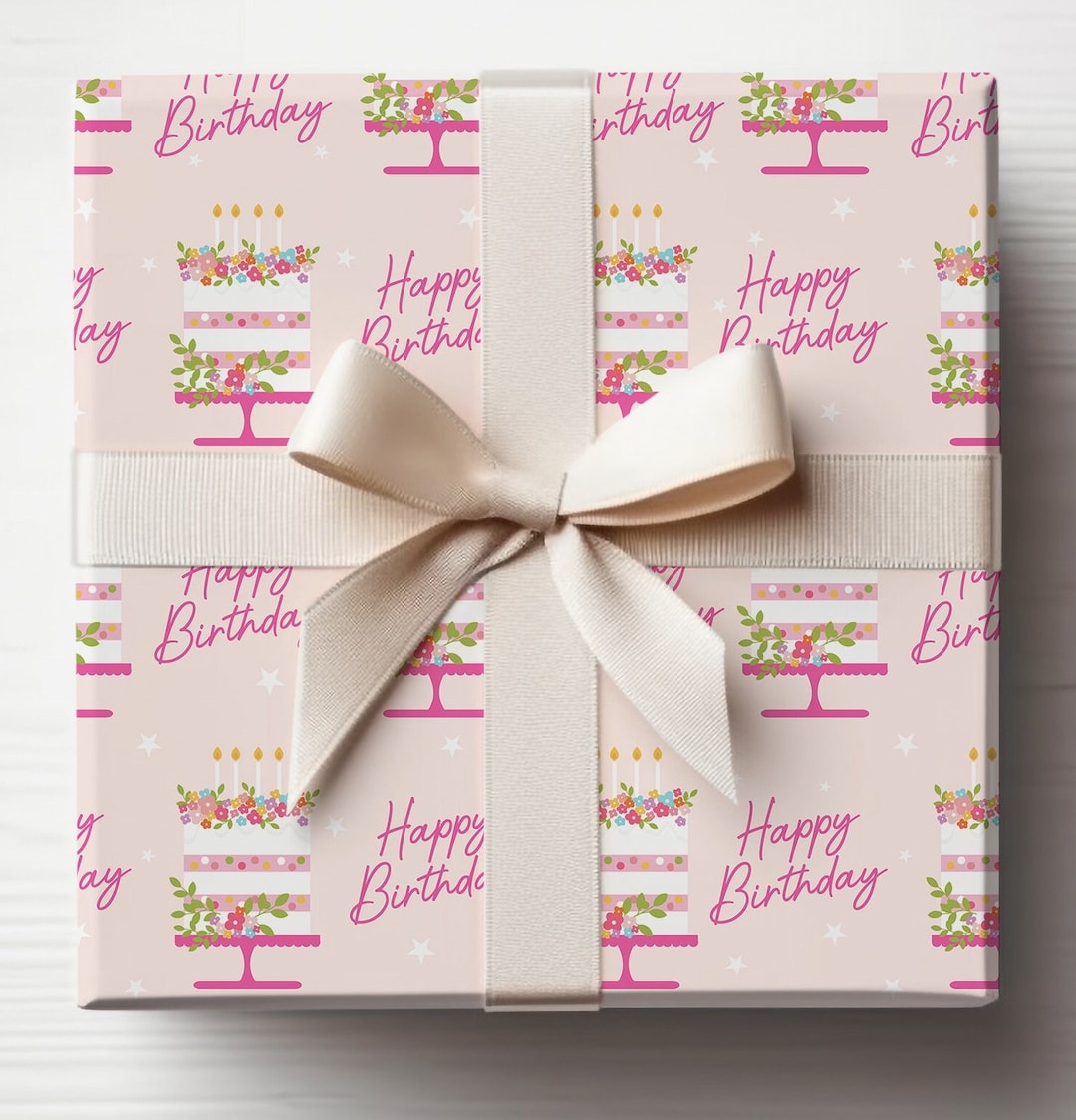 Happy Birthday Wrapping Paper, Pink Cake Birthday Gift Wrap, Wrapping ...
