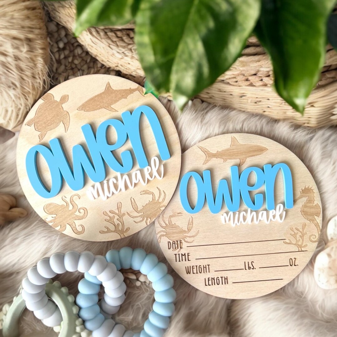 Baby Announcement Sign W/ Ocean Theme, Birth Announcement Round, Stat ...