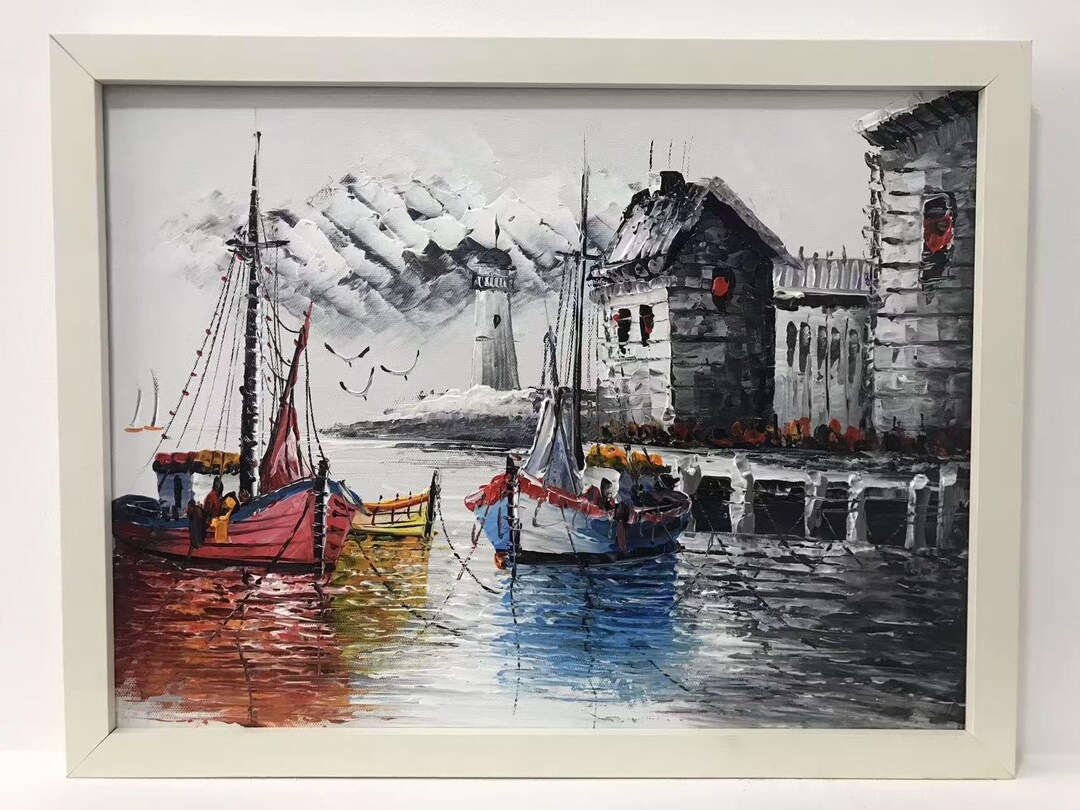 Handmade Harbor Boats Acrylic Painting – Nautical Seascape, Framed Wall ...