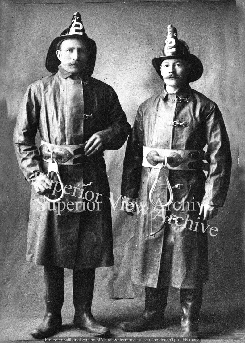 Old Time Firemen Vintage Firefighting Helmets Hooks Boots Rubber Coats ...