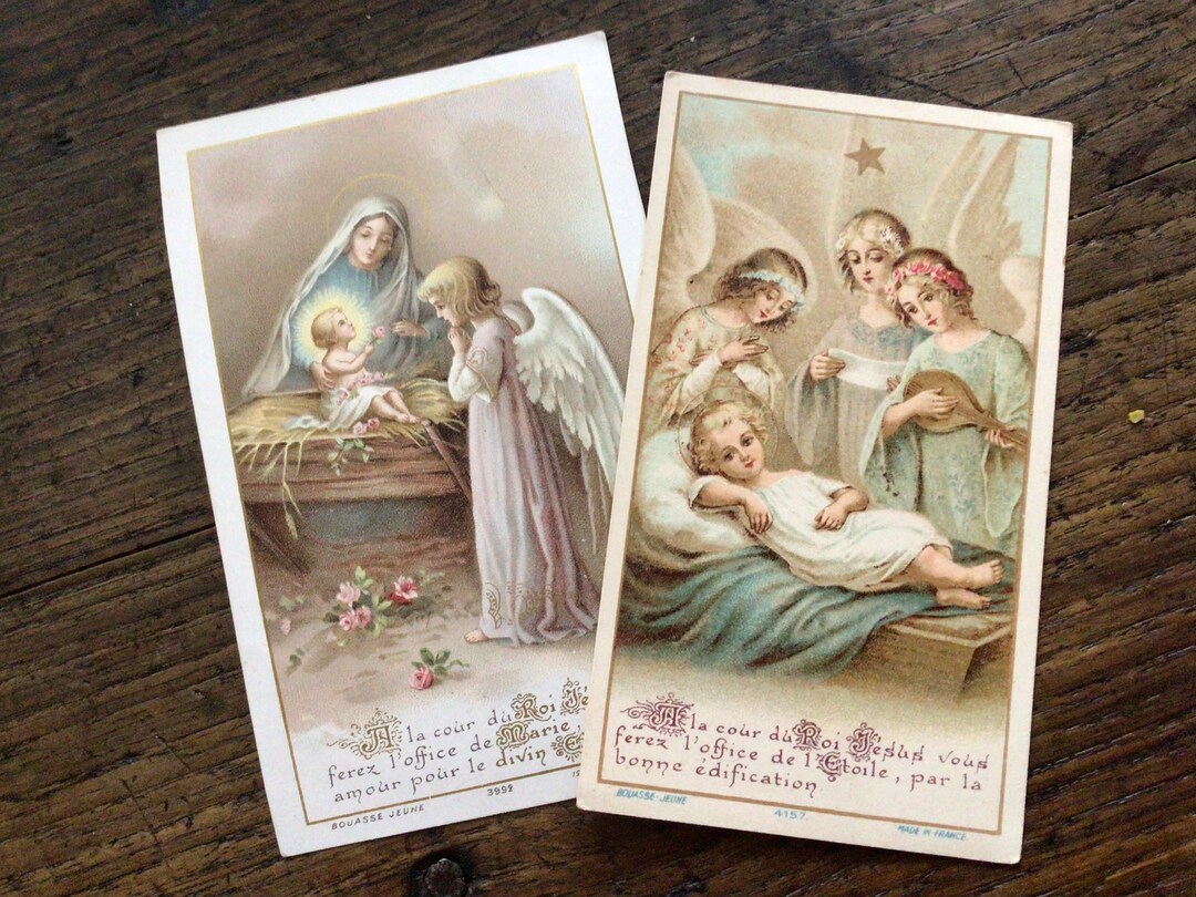 Two Antique French Holy Cards, the Holy Child, Nativity Manger Scene ...