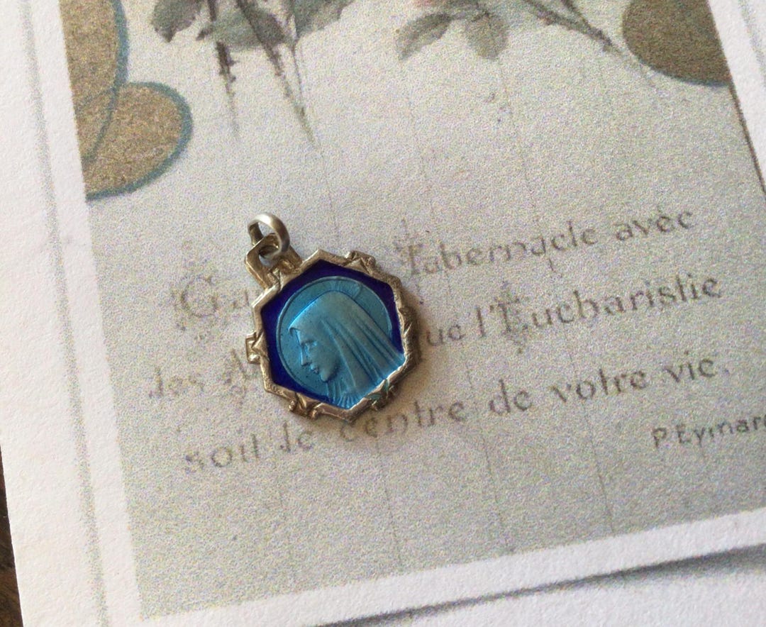 Tiny French Antique Sacred Heart of Jesus, Blue Enamel, Silver, Lourdes ...