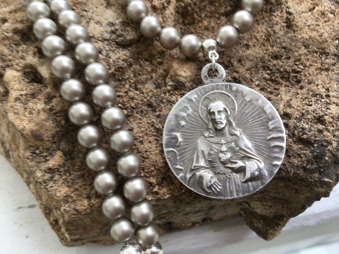 Antique French Silver Sacred Heart of Jesus on Light Gray Swarovski ...