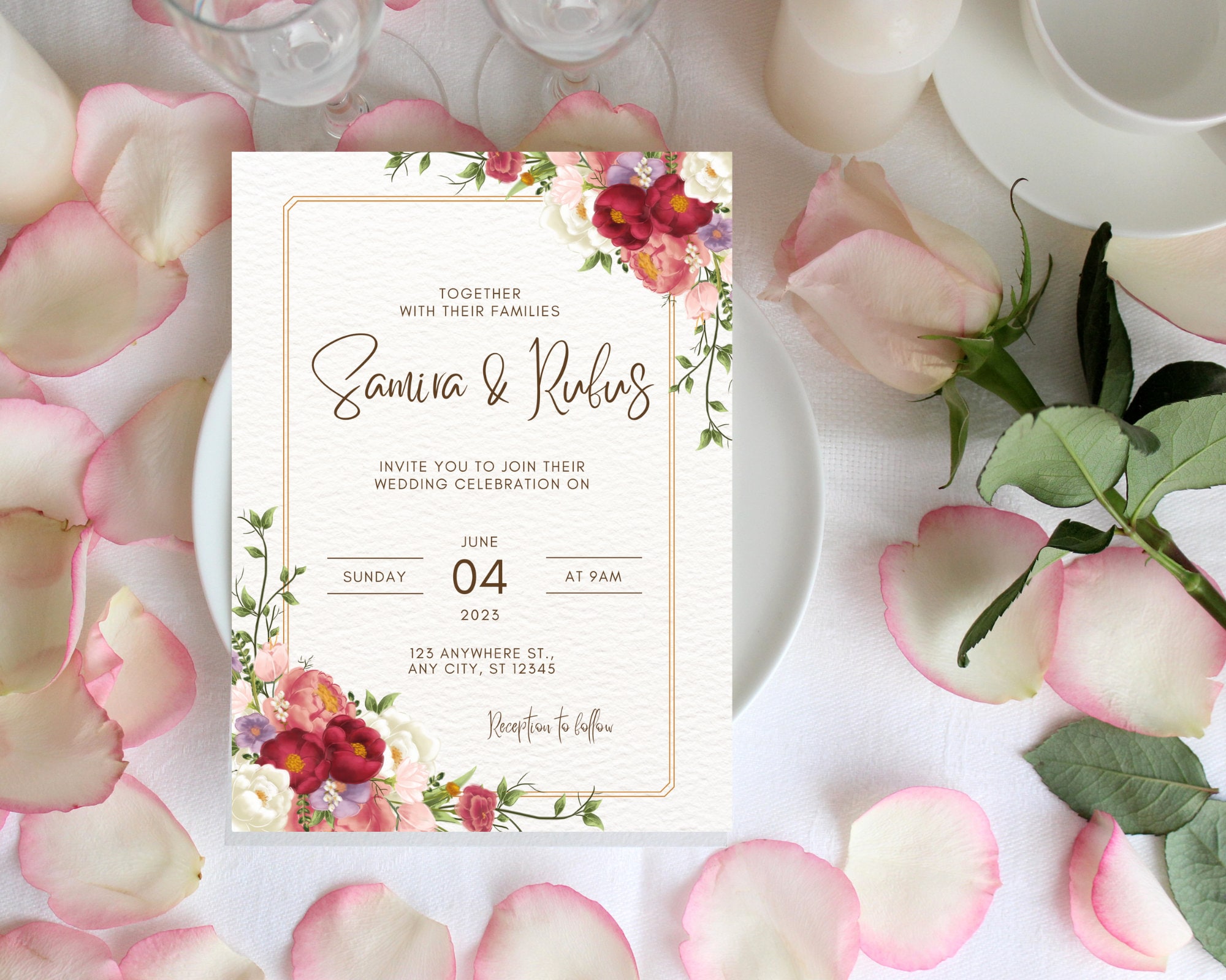 Dark Red Flower Wedding Invitation Card, Wedding Invite Template ...