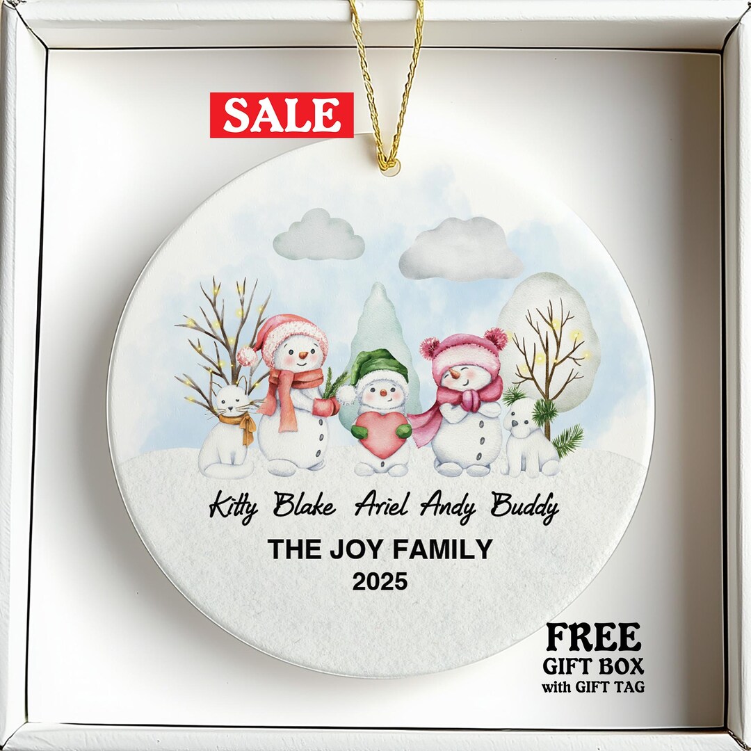 Snowmen Family of Three With Dog and Cat Personalized Ornament ...
