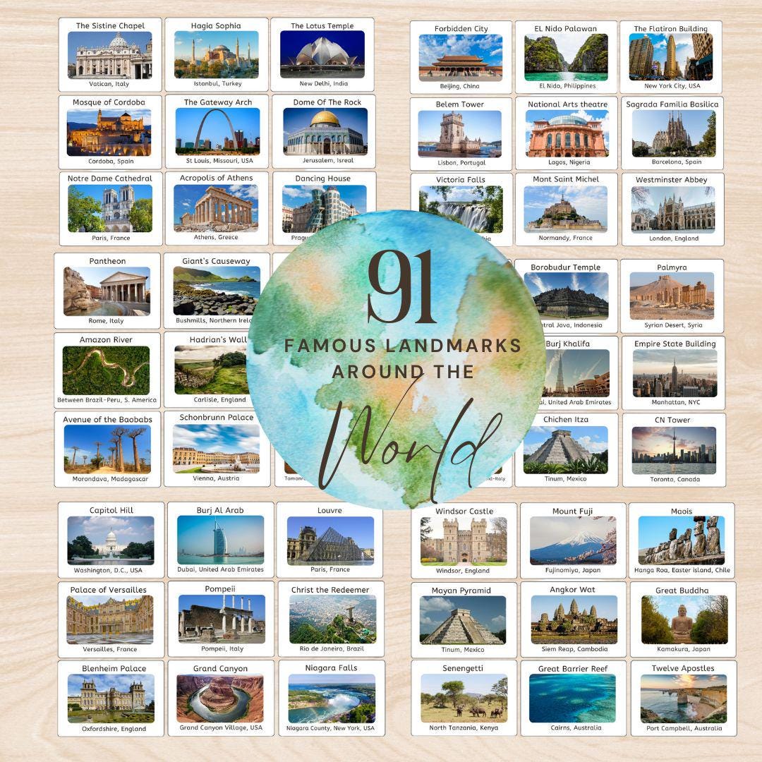 Famous Landmarks Flashcards: World Geography Learning Cards (printable ...