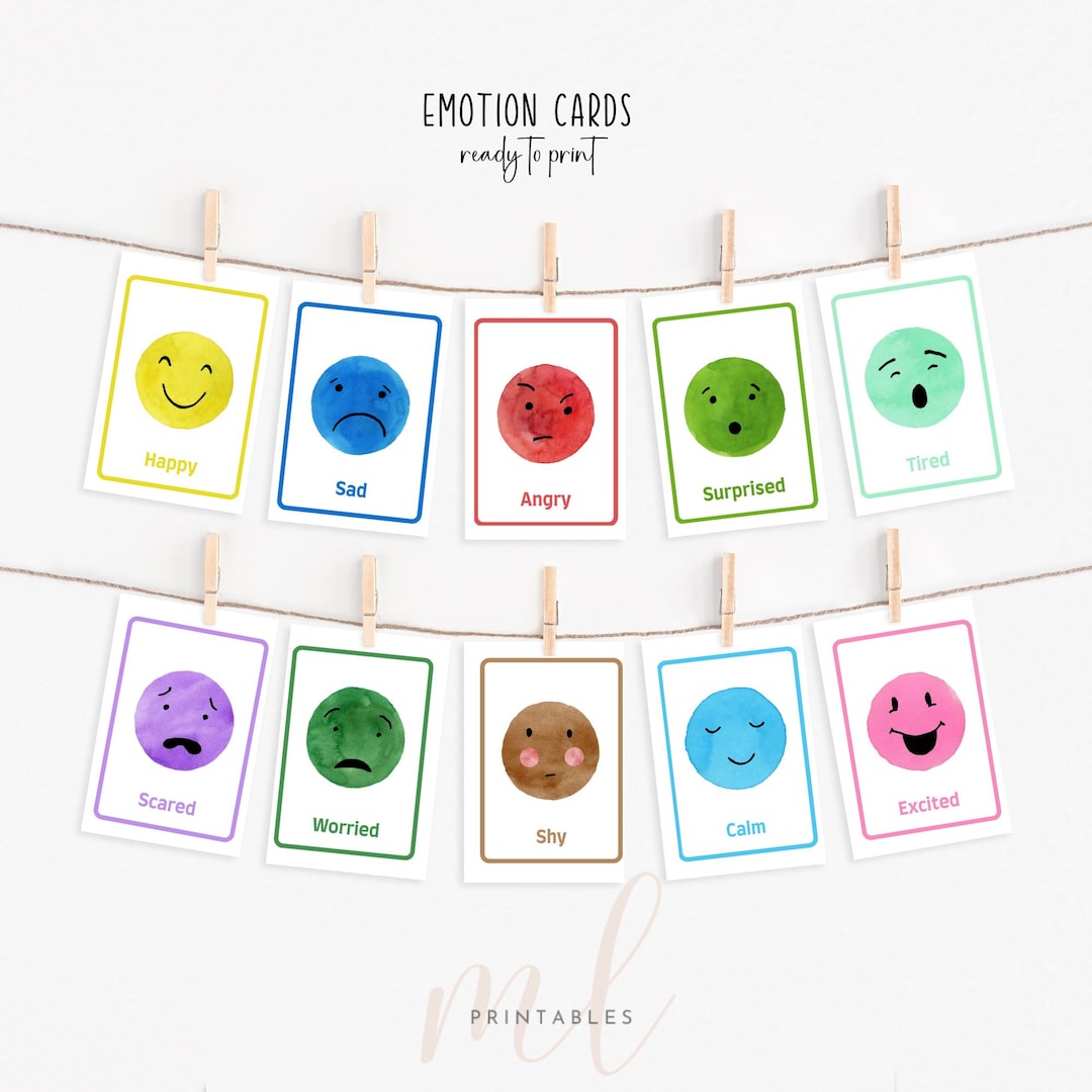 Emotion Flashcards: Watercolor Faces, Preschool Learning (PDF & JPG) - Etsy