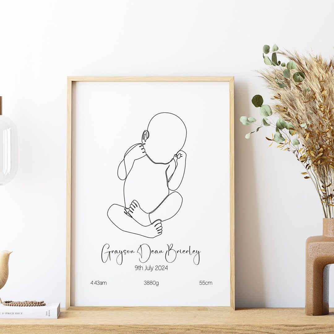 Personalized Newborn Line Art Print | Custom Birth Stats Wall Art ...