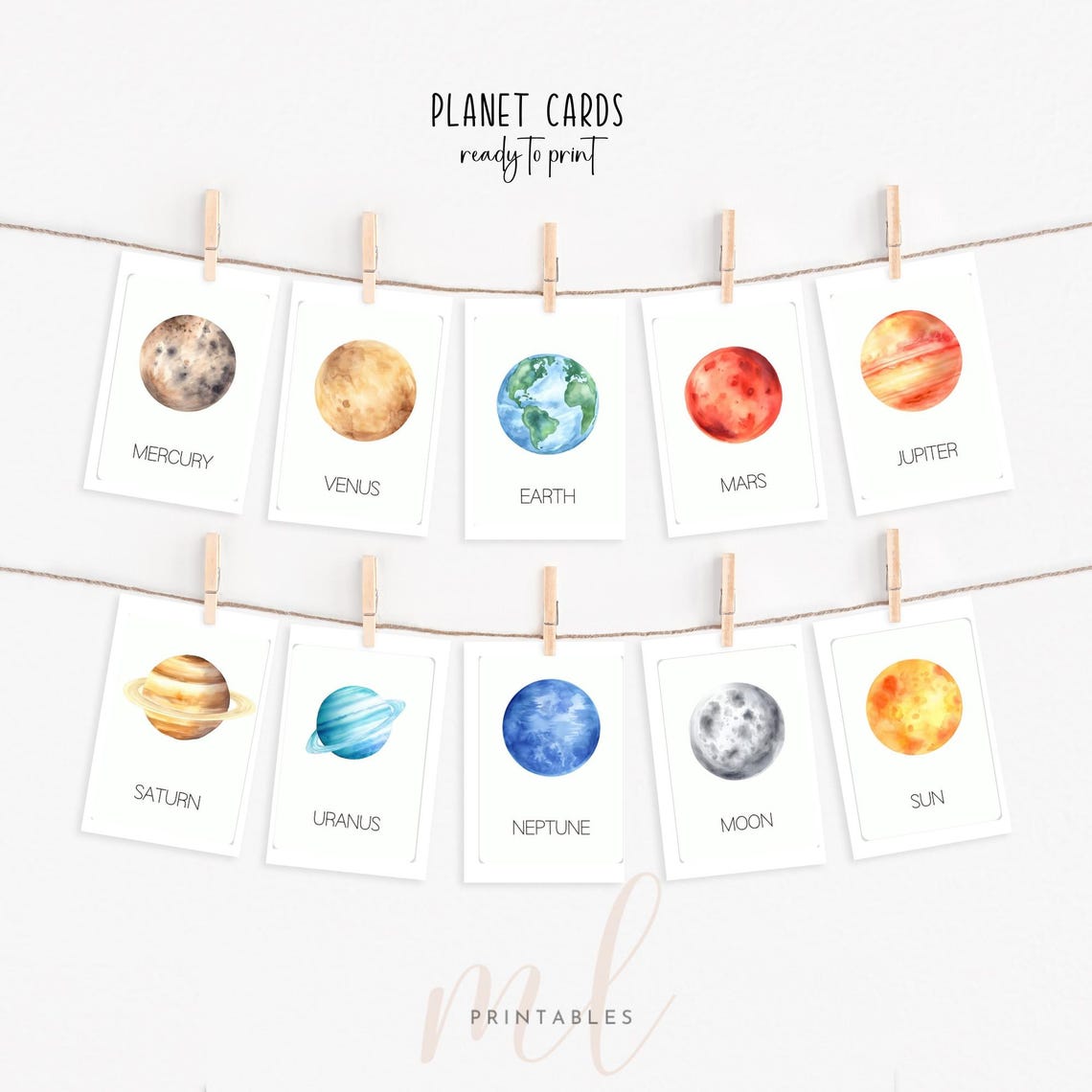 Watercolor Planet Flashcards: Solar System Montessori Printables ...