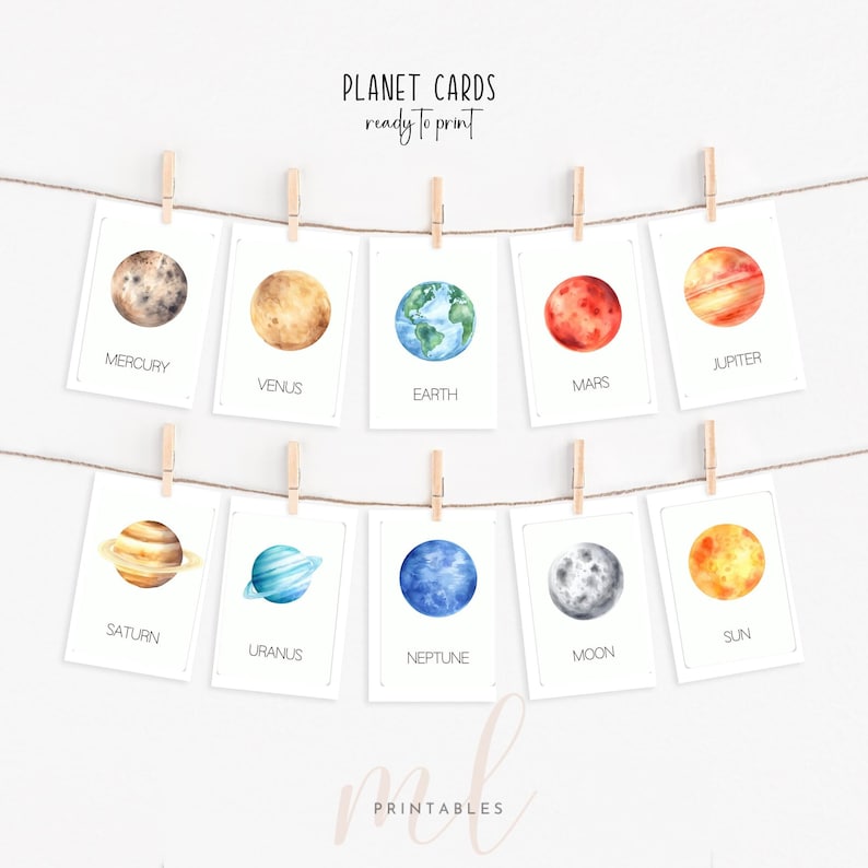 Watercolor Planet Flashcards: Solar System Montessori Printables ...