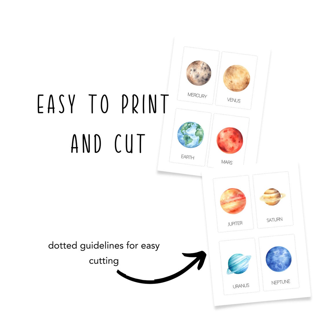 Watercolor Planet Flashcards: Solar System Montessori Printables ...