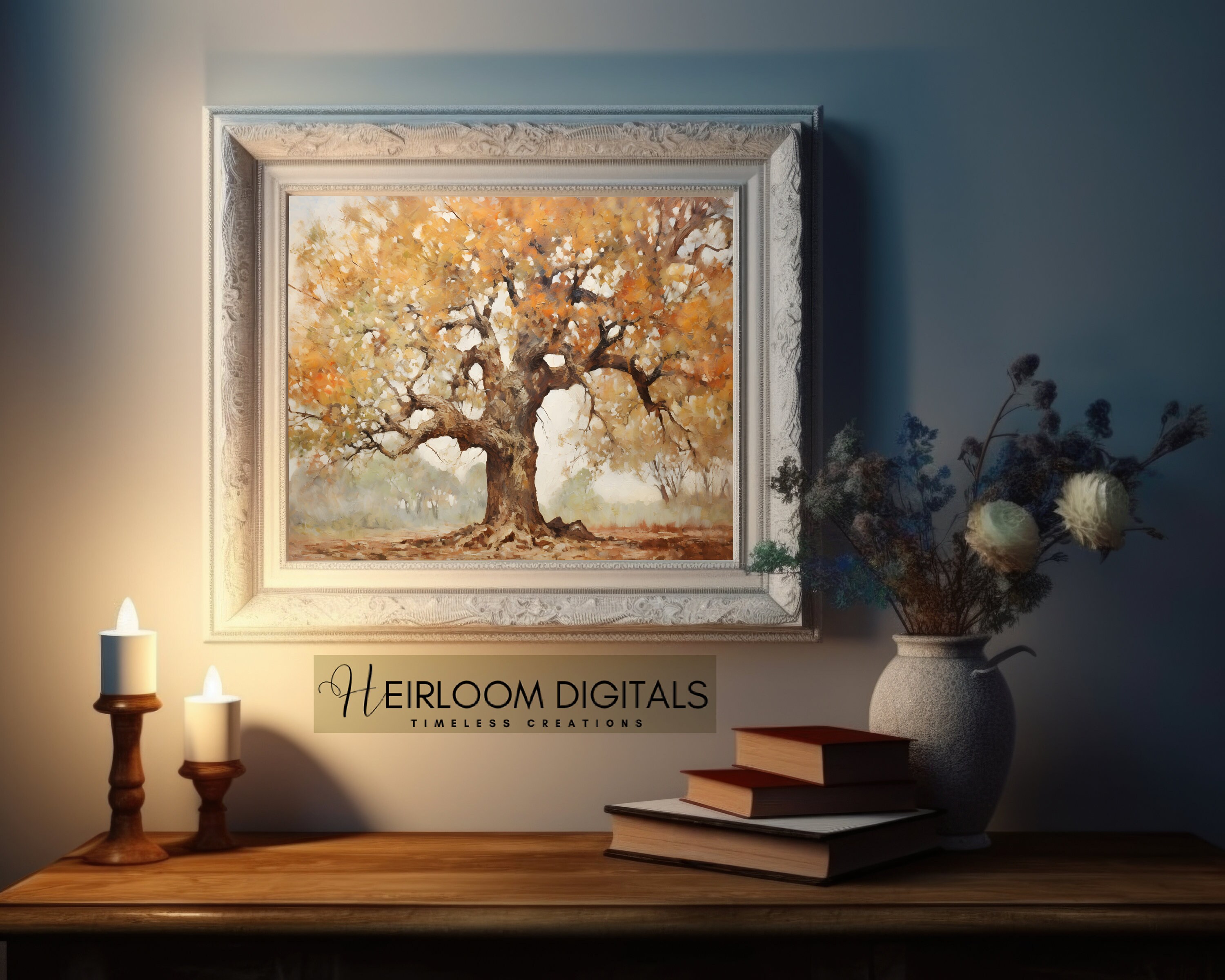 Rustic Farmhouse Autumn Oak Tree Digital Art Print, Cozy Autumn Digital ...