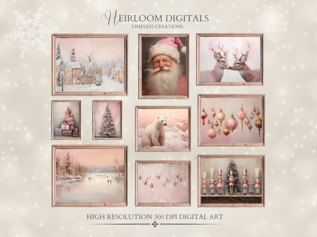 Retro Vintage Pink Christmas Images Gallery Set of 10 Winter Digital ...