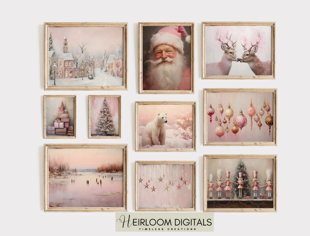 Retro Vintage Pink Christmas Images Gallery Set of 10 Winter Digital ...