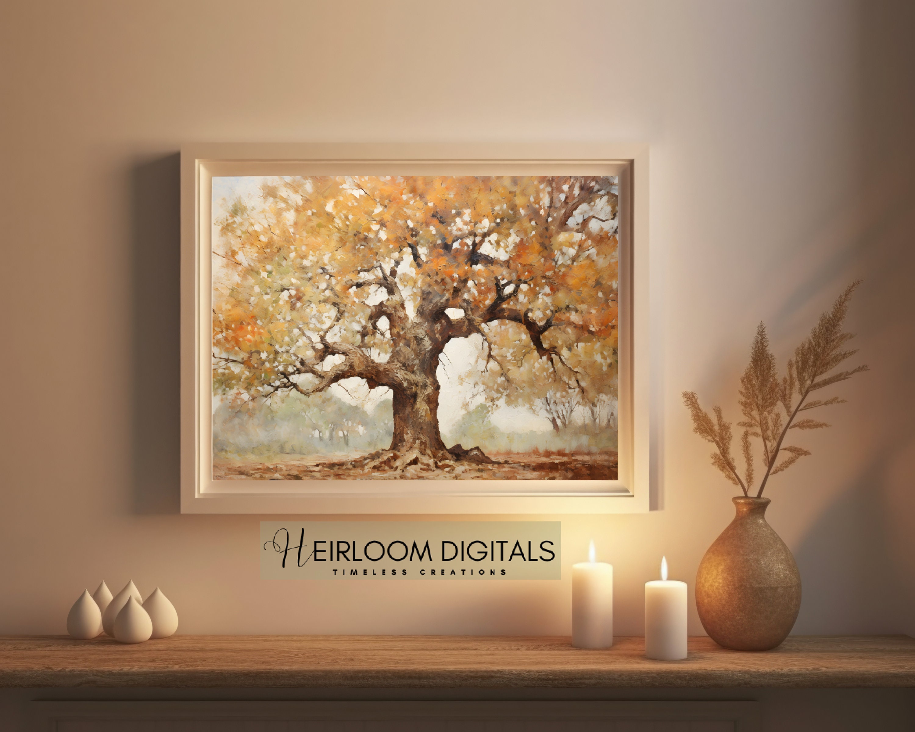 Rustic Farmhouse Autumn Oak Tree Digital Art Print, Cozy Autumn Digital ...