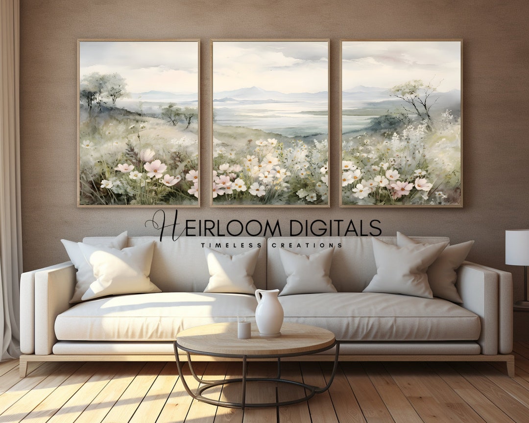 Spring Wildflower Mountain Landscape Triptych Digital Print, Vintage ...