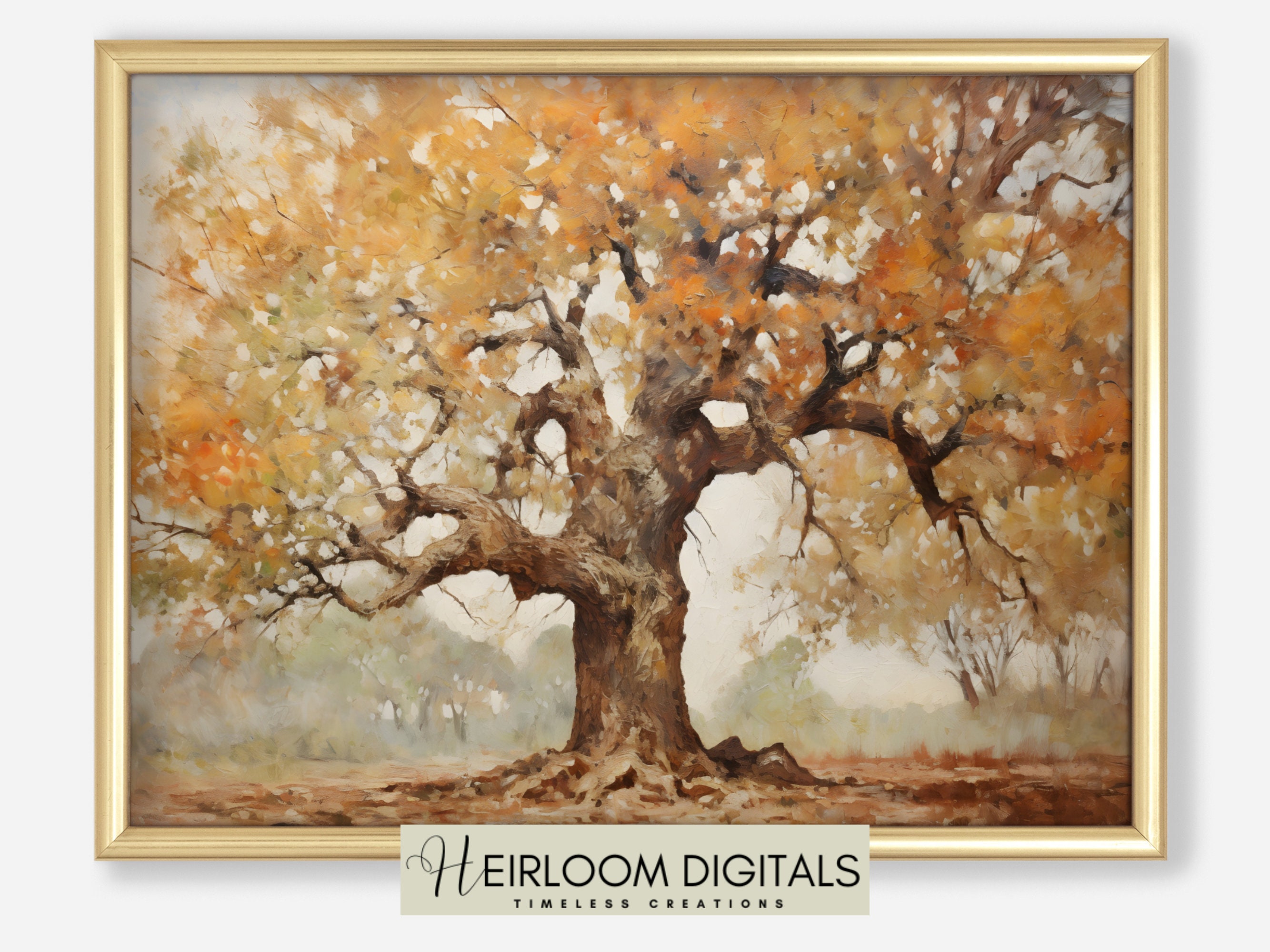 Rustic Farmhouse Autumn Oak Tree Digital Art Print, Cozy Autumn Digital ...