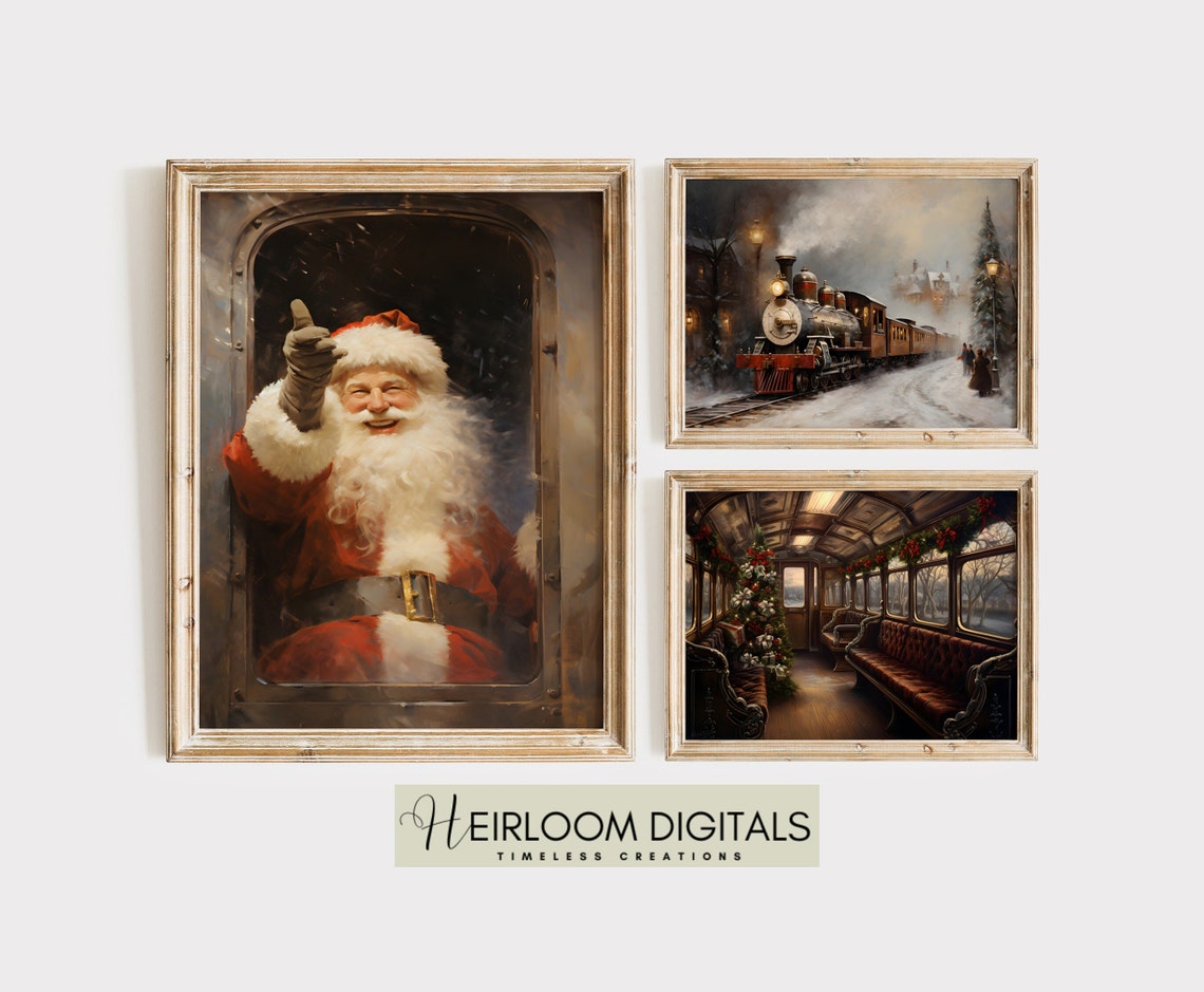 Vintage Christmas Train Digital Art Set of 3 With Vintage Santa Decor ...