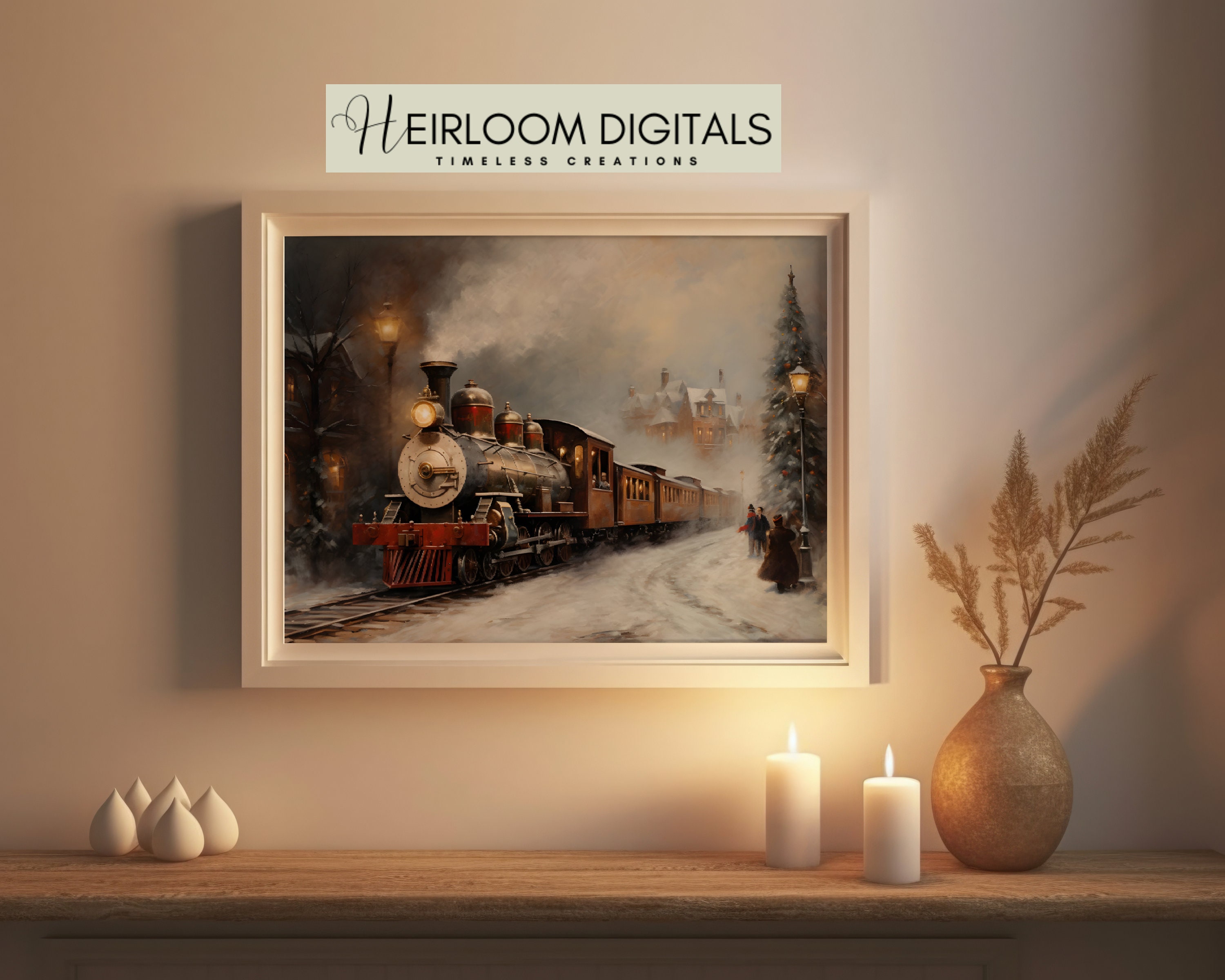 Vintage Christmas Train Digital Art Set of 3 With Vintage Santa Decor ...