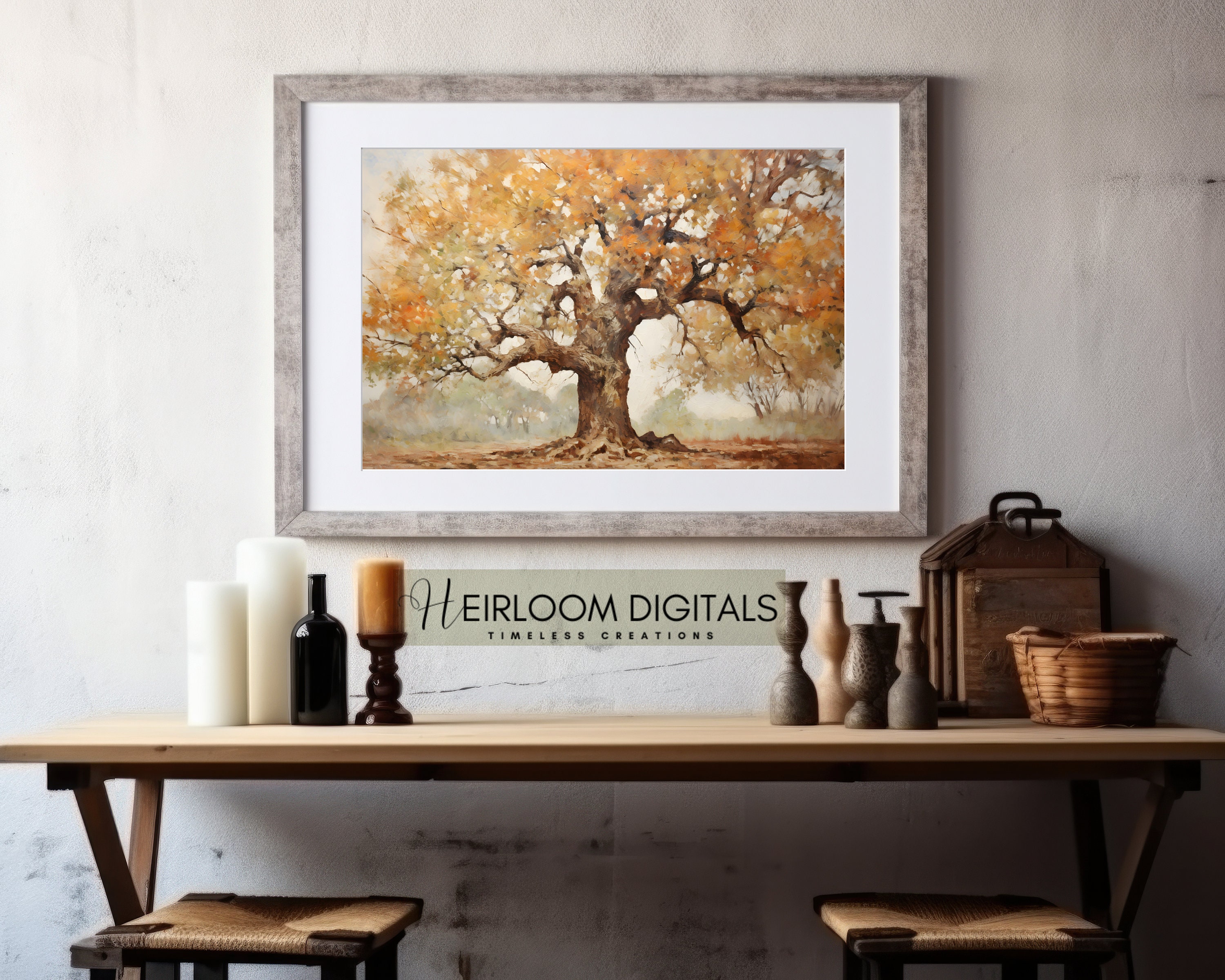 Rustic Farmhouse Autumn Oak Tree Digital Art Print, Cozy Autumn Digital ...