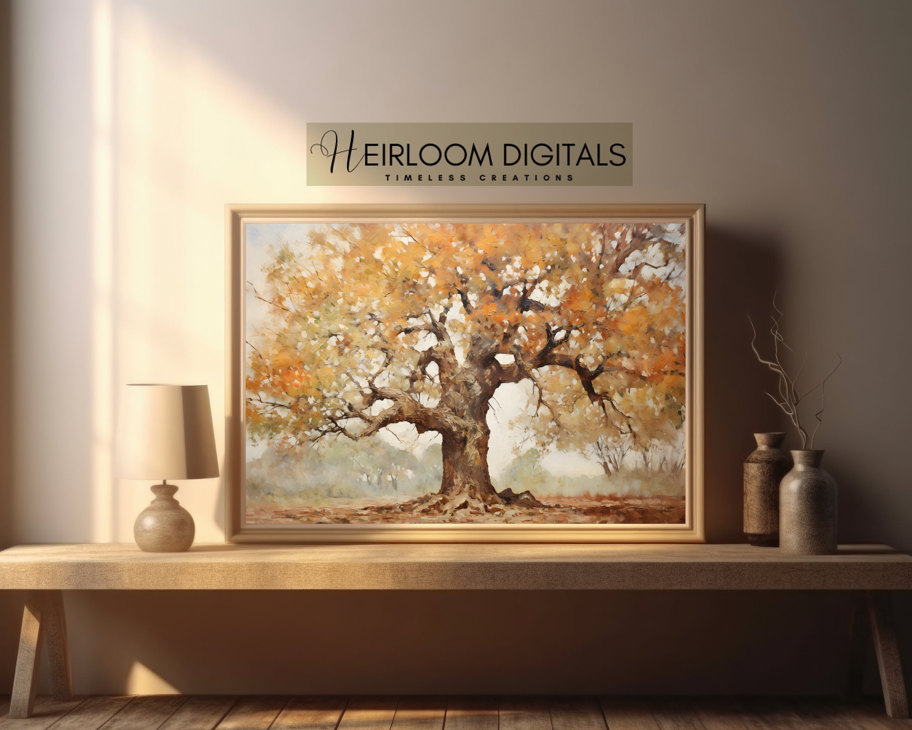 Rustic Farmhouse Autumn Oak Tree Digital Art Print, Cozy Autumn Digital ...
