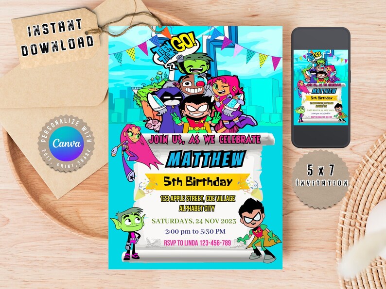 Teen Titan Go Birthday Invitation, Teen Titan Invite, Printable ...