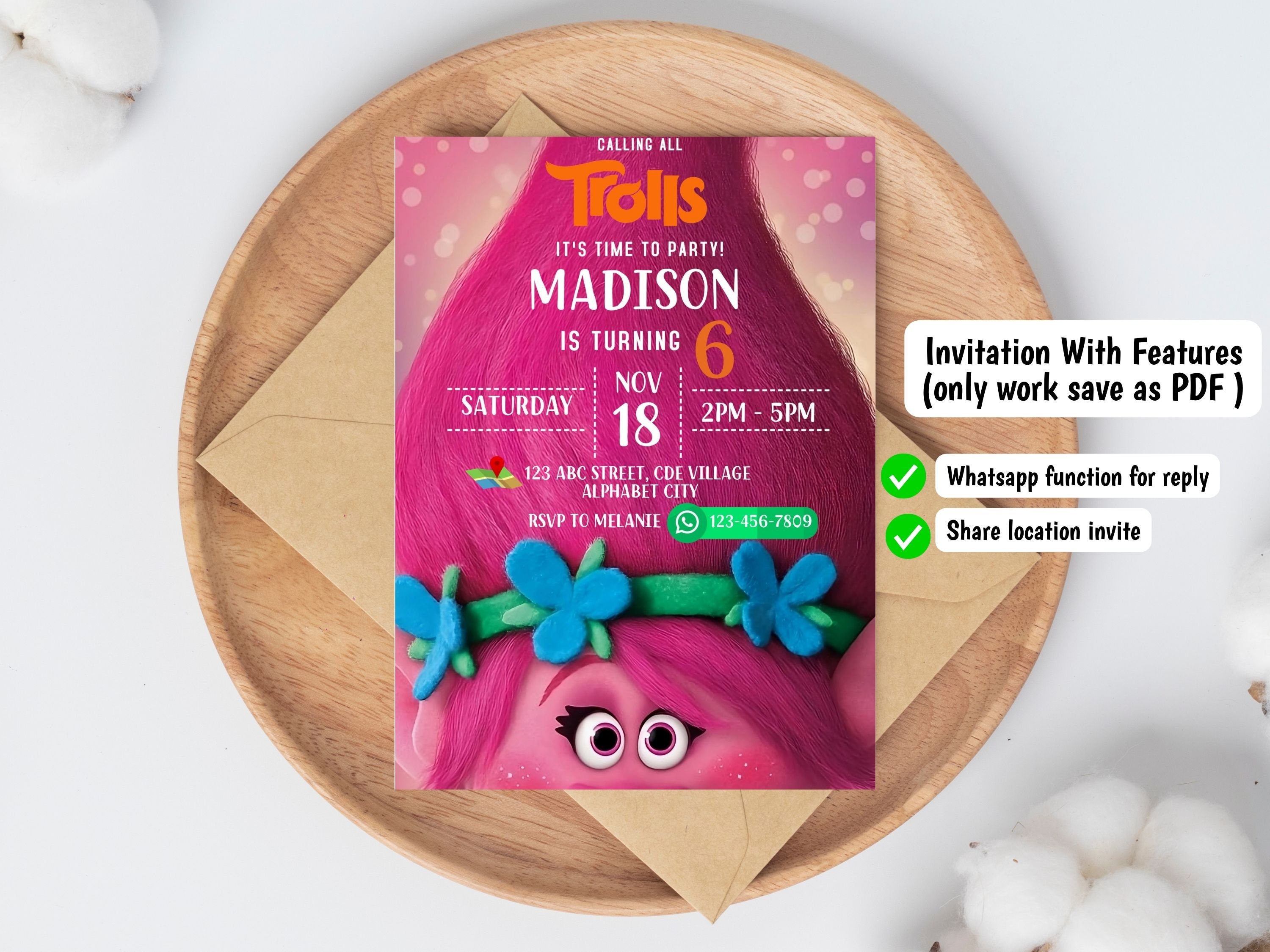 Editable Trolls Poppy Birthday Invitation Trolls Girls Invite, Template ...