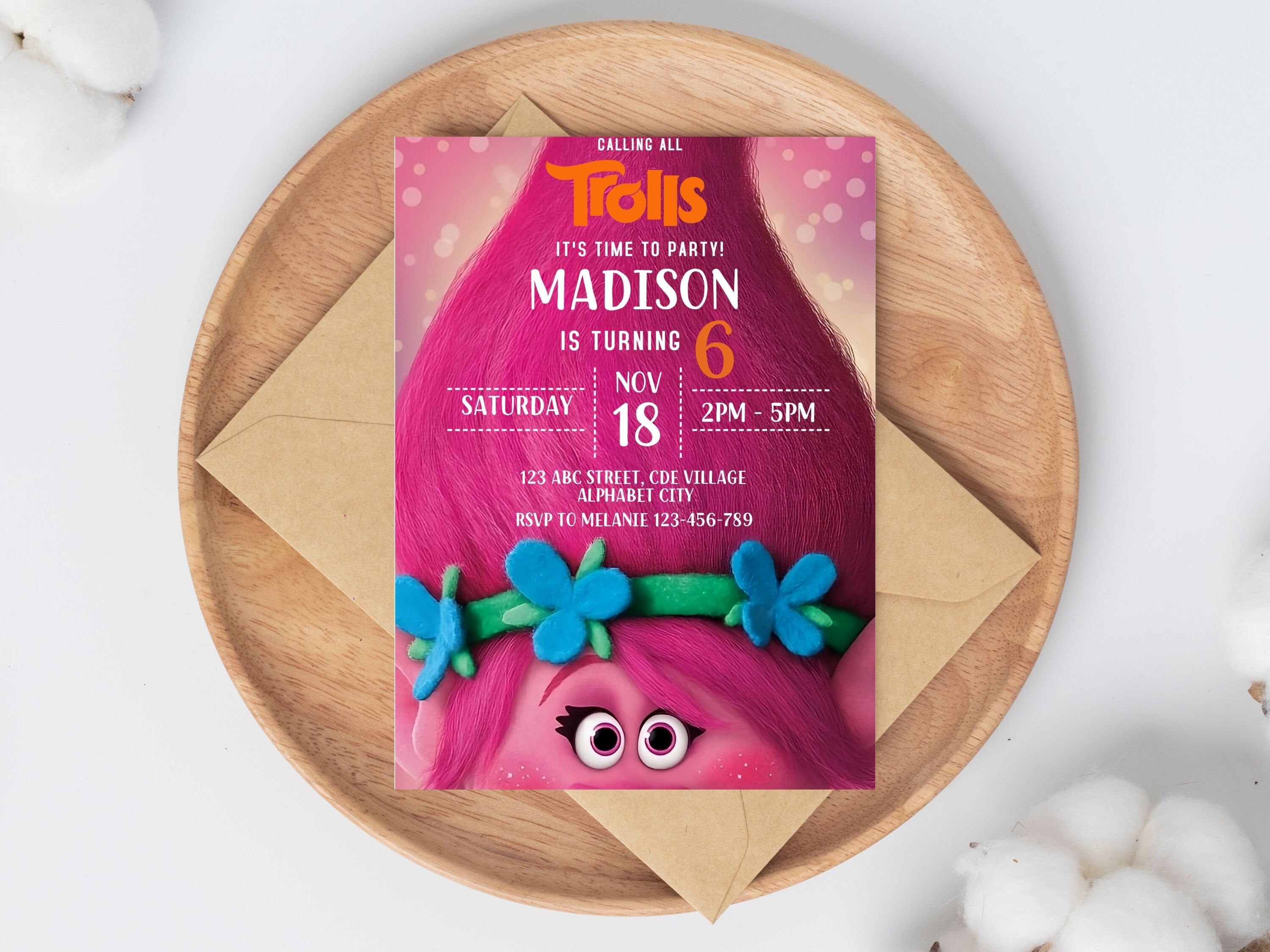 Editable Trolls Poppy Birthday Invitation Trolls Girls Invite, Template ...