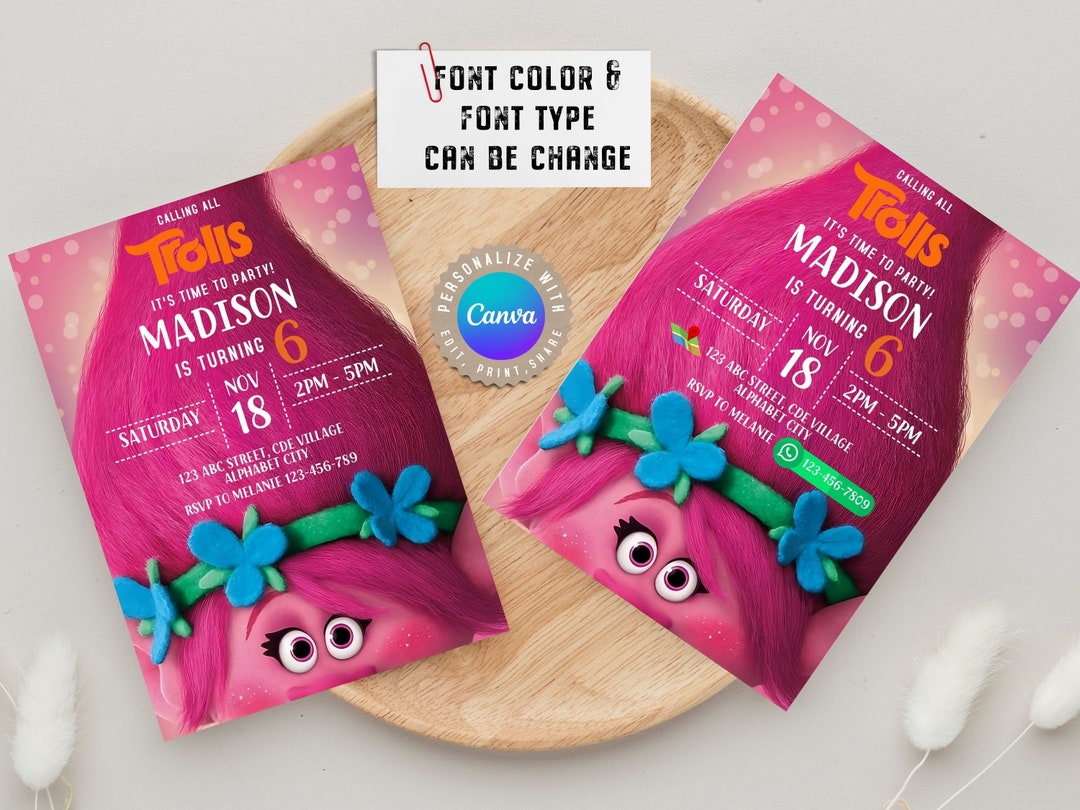Editable Trolls Poppy Birthday Invitation Trolls Girls Invite, Template ...