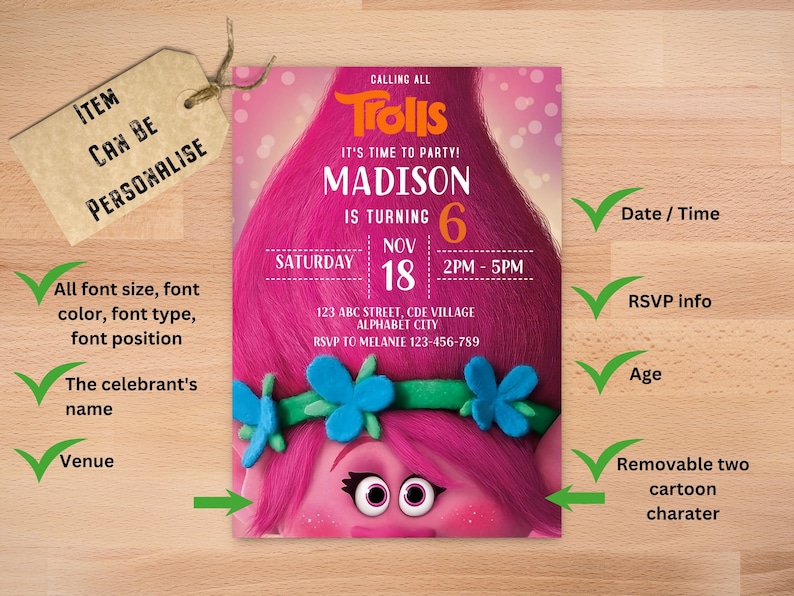 Editable Trolls Poppy Birthday Invitation Trolls Girls Invite, Template ...