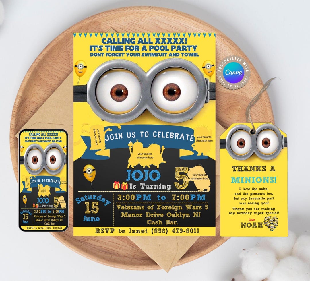 Digital Editable Party Invite | Minion Birthday Invitation Template ...