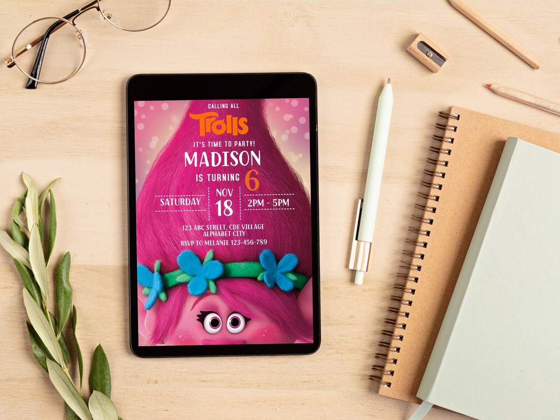 Editable Trolls Poppy Birthday Invitation Trolls Girls Invite, Template ...