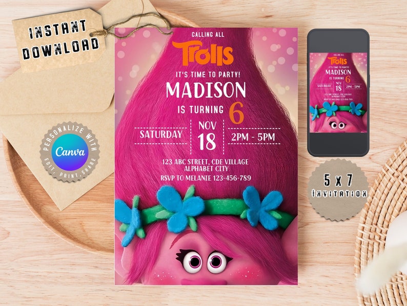 Editable Trolls Poppy Birthday Invitation Trolls Girls Invite, Template ...