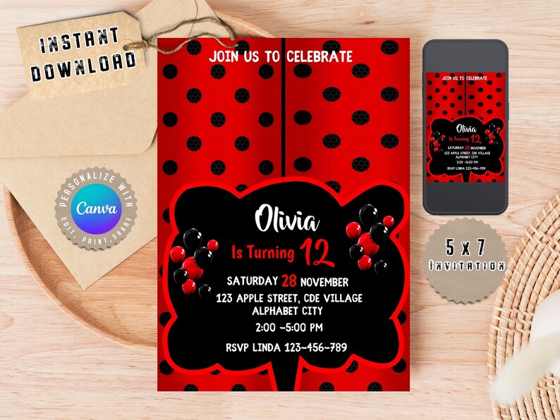 Editable Ladybug Birthday Invitation, Lady Bug Birthday Invitation ...