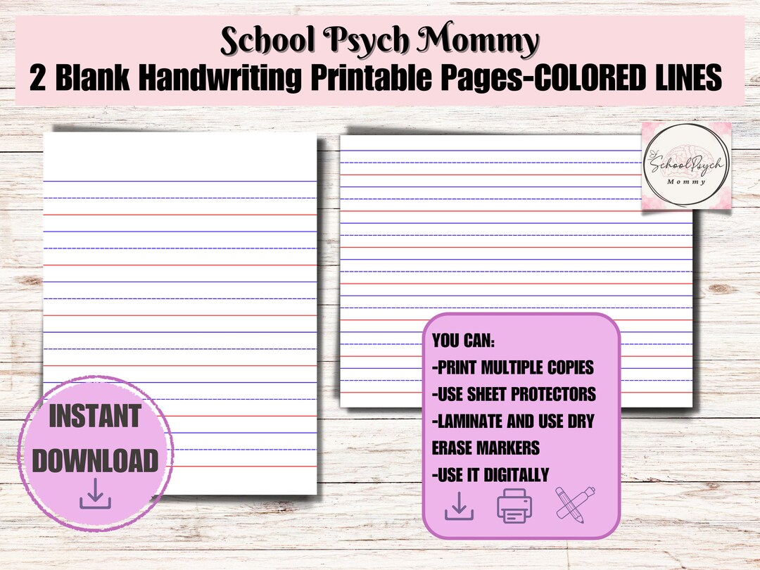 2 Blank Handwriting Printable Pages Colored Lines Portrait & Landscape ...