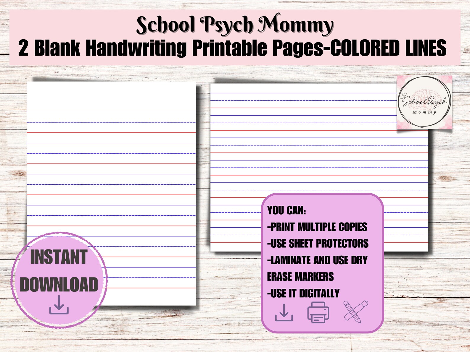 2 Blank Handwriting Printable Pages Colored Lines Portrait & Landscape ...