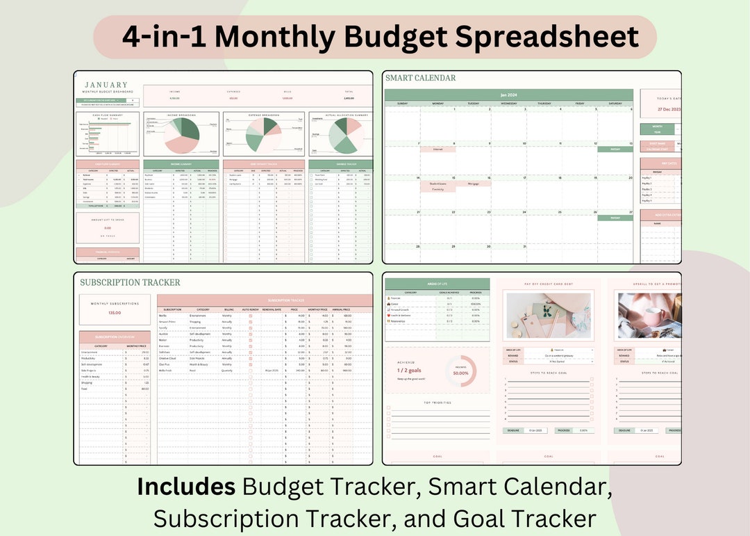 4-in-1 Monthly Budget Spreadsheet - Etsy