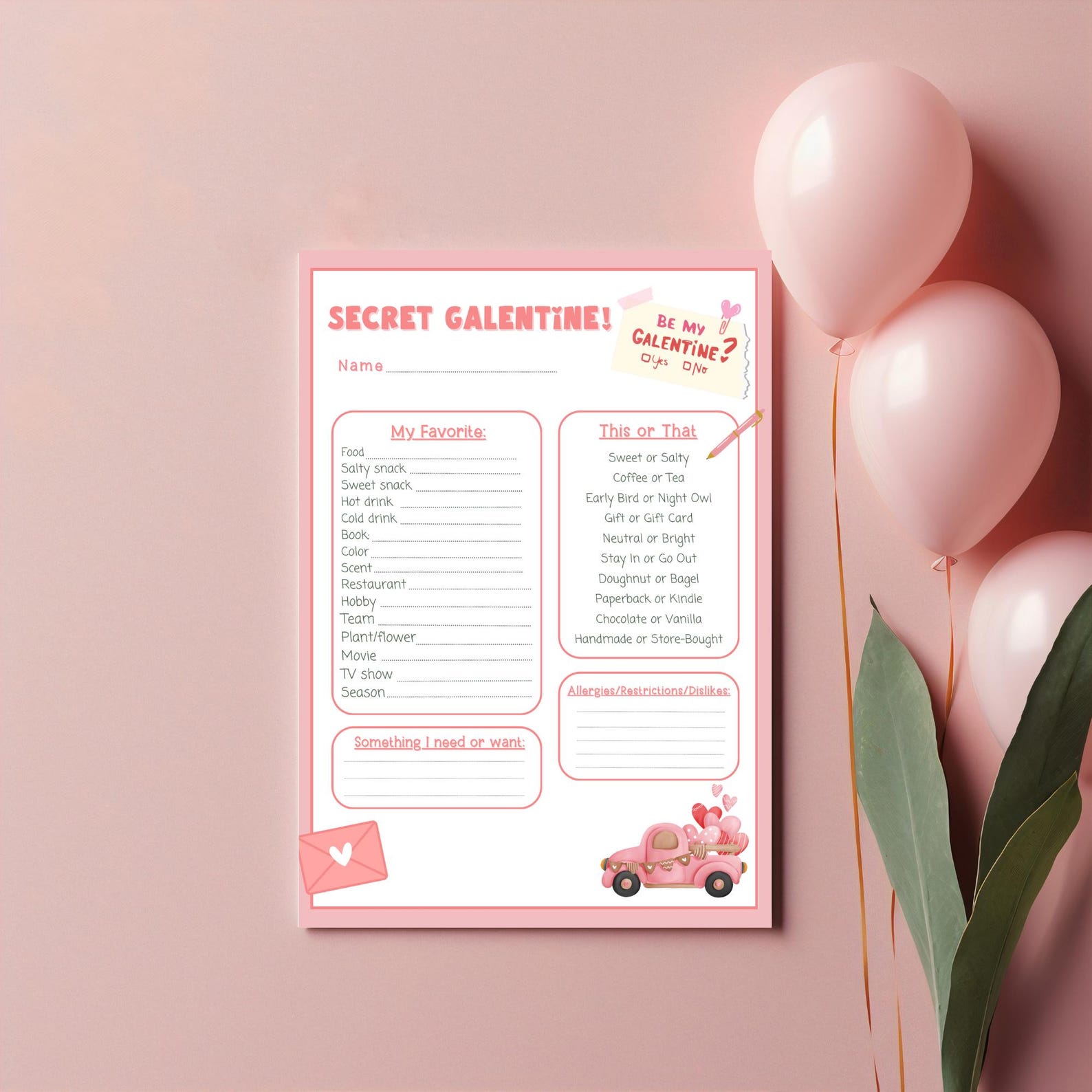 Secret Pal Questionnaire, Galentine Exchange, Valentine Secret Pal ...