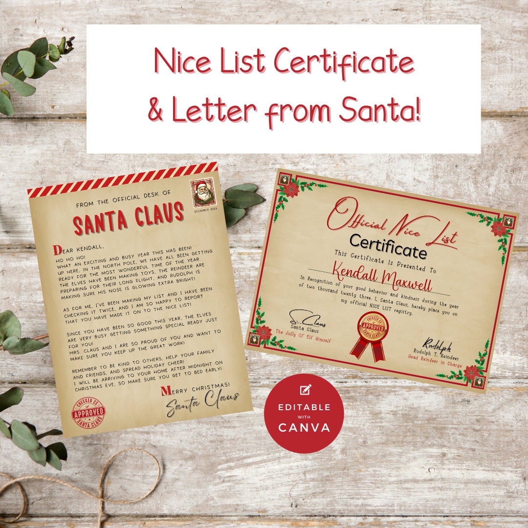 Santa Nice List Certificate Canva Printable Letter From - Etsy