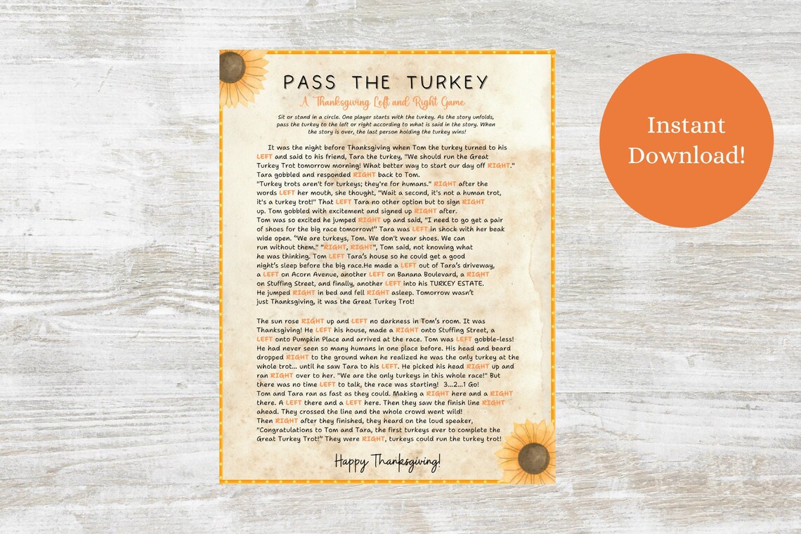 Left Right Game, Pass the Turkey Printable Fall Game, Autumn Family ...