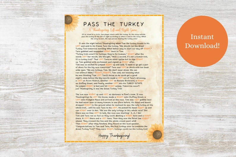 Pass the Turkey Thanksgiving Game: Left Right Story (PDF) - Etsy