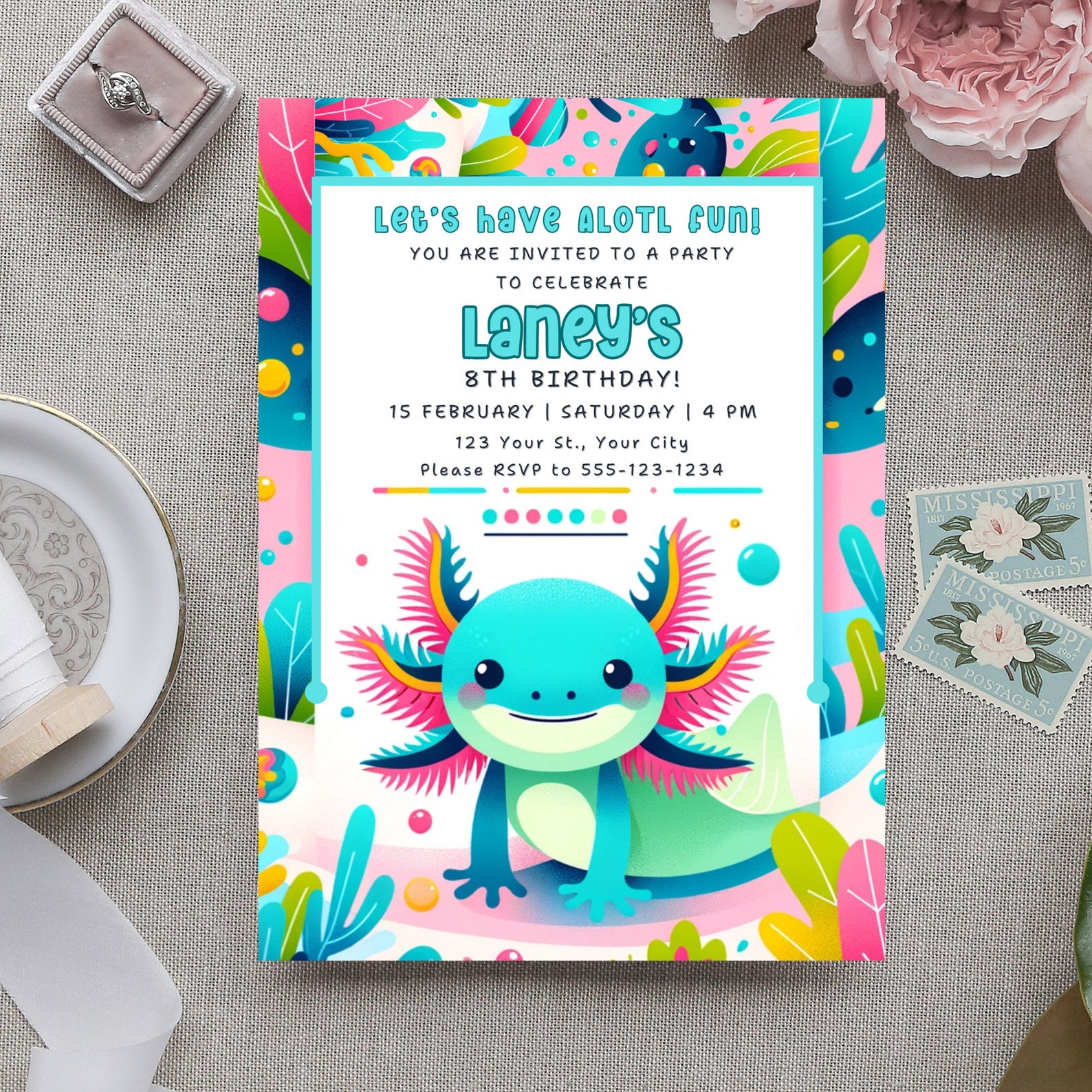 Axolotl Party Invitation, Axolotl Editable Birthday Invites, Axolotl ...