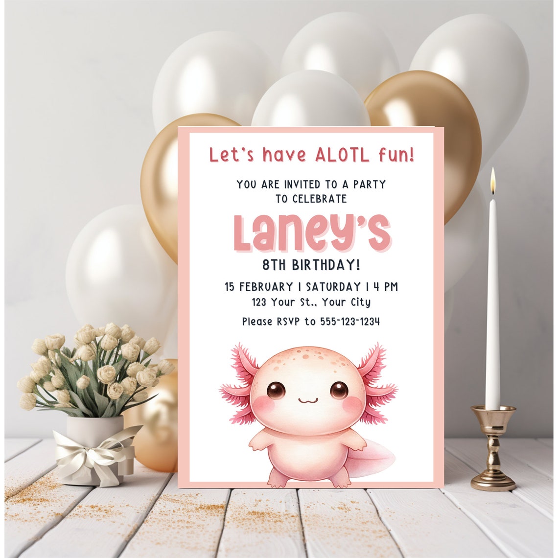 Axolotl Invitation Birthday Girls, Axolotl Editable Birthday Invites ...