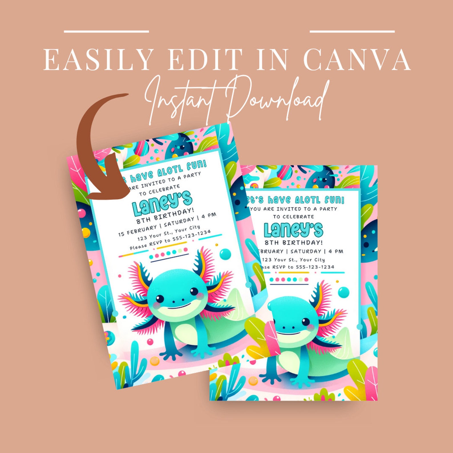 Axolotl Party Invitation, Axolotl Editable Birthday Invites, Axolotl ...